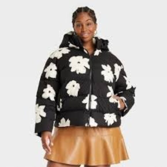 Ava & Viv | Jackets & Coats | Ava Viv Black Cream Bold Floral Puffer ...